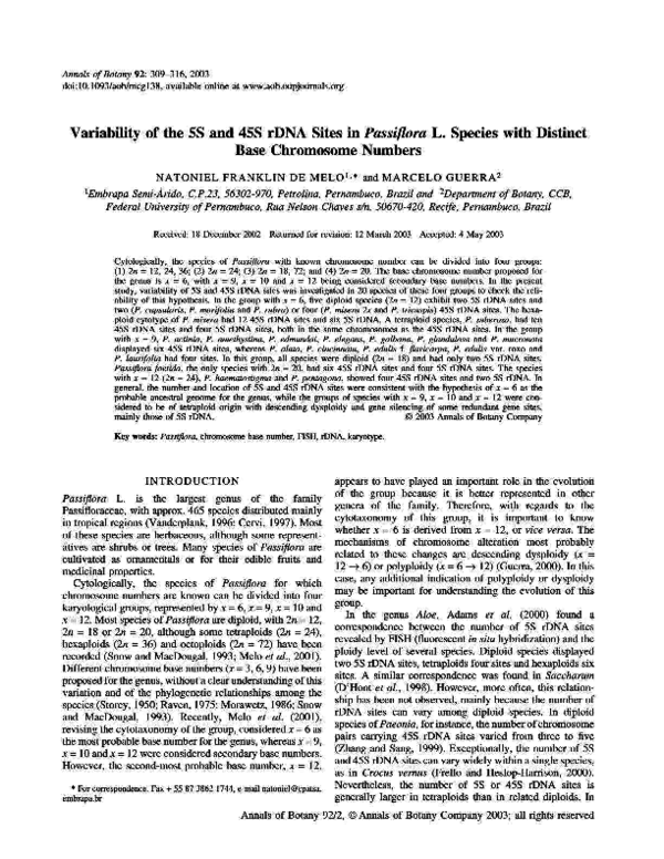 Variability Of The 5s And 45s Rdna Sites In Passiflora L Species With Distinct Base Chromosome