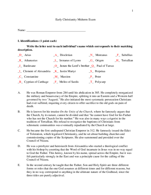 (PDF) Sample exam (Midterm) for Early Christianity survey