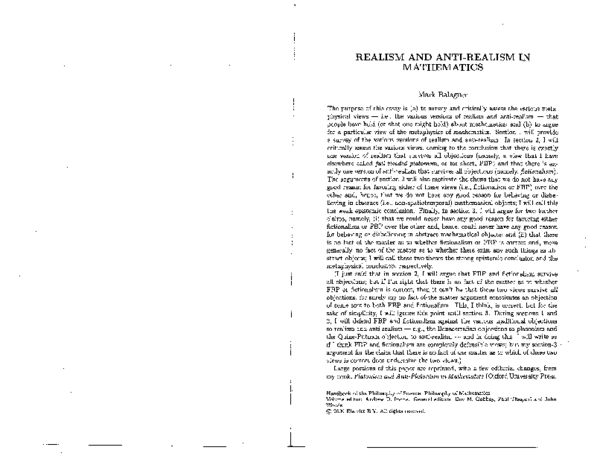 (PDF) Realism and Anti-Realism in Mathematics