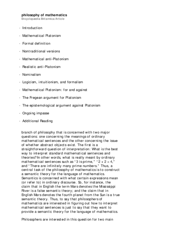 (PDF) Philosophy of Mathematics Encyclopedia Entry