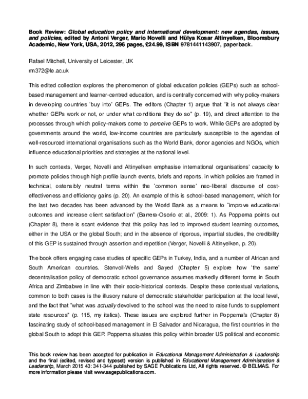 (PDF) Book Review: Global education policy and international development: New Agendas, Issues ...