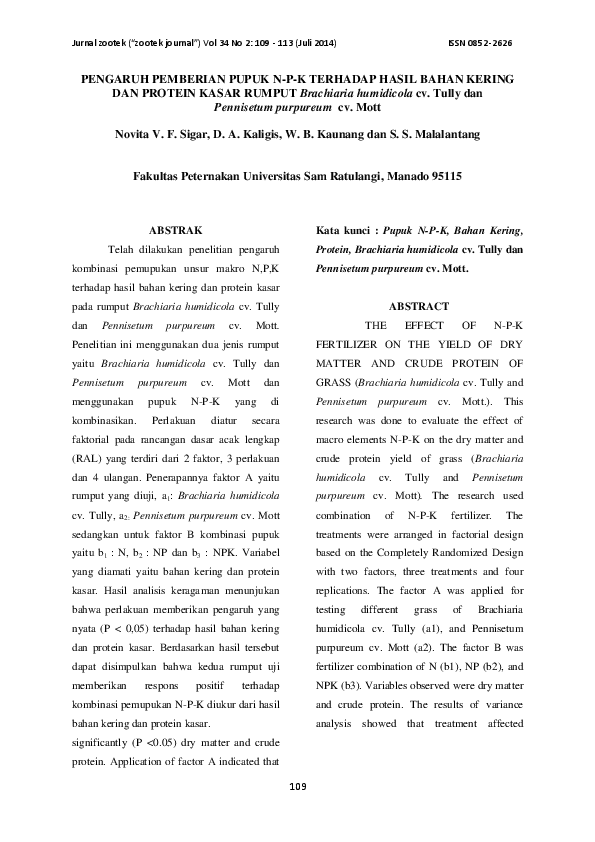 (PDF) PENGARUH PEMBERIAN PUPUK N-P-K TERHADAP HASIL BAHAN KERING
