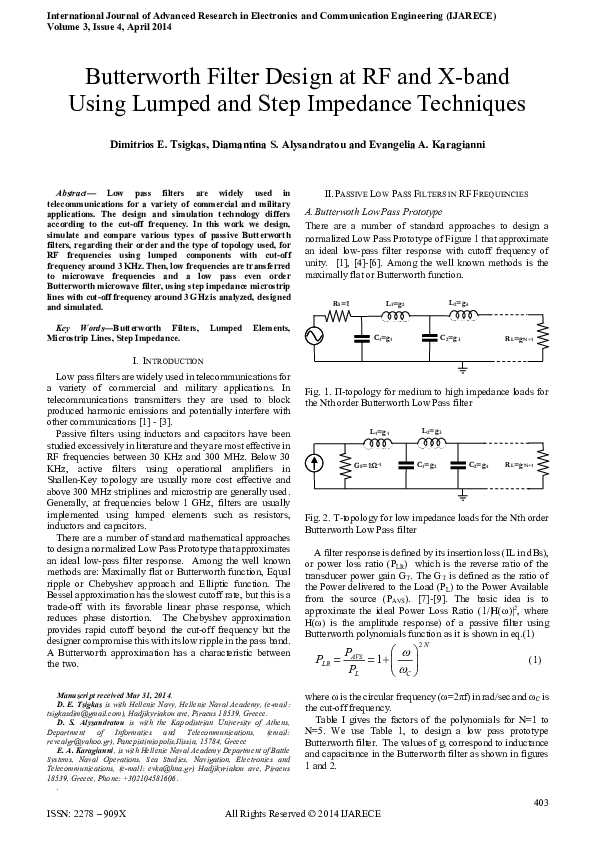 (PDF) Butterworth Filter Design at RF and X-band Using Lumped and Step Impedance Techniques