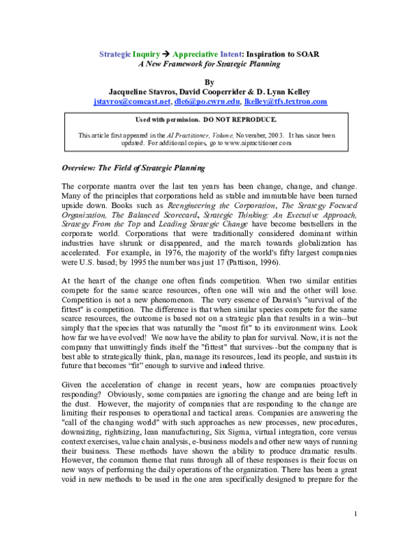 (PDF) Strategic Inquiry ! Appreciative Intent: Inspiration to SOAR A ...