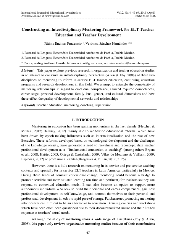 Pdf Constructing An Interdisciplinary Mentoring Framework For Elt