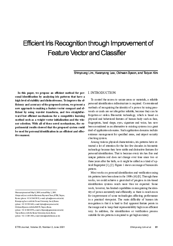 (PDF) Efficient Iris Recognition through Improvement of Feature Vector and Classifier