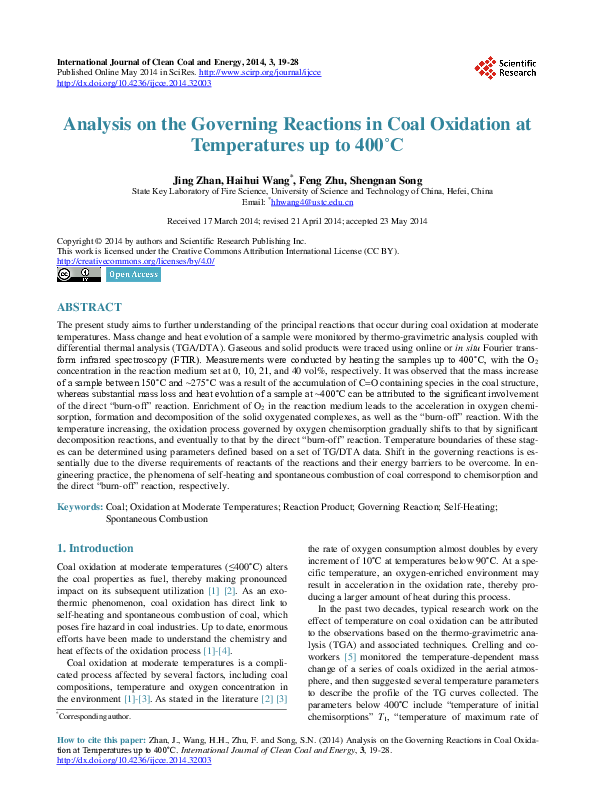 (PDF) Analysis on the Governing Reactions in Coal Oxidation at ...