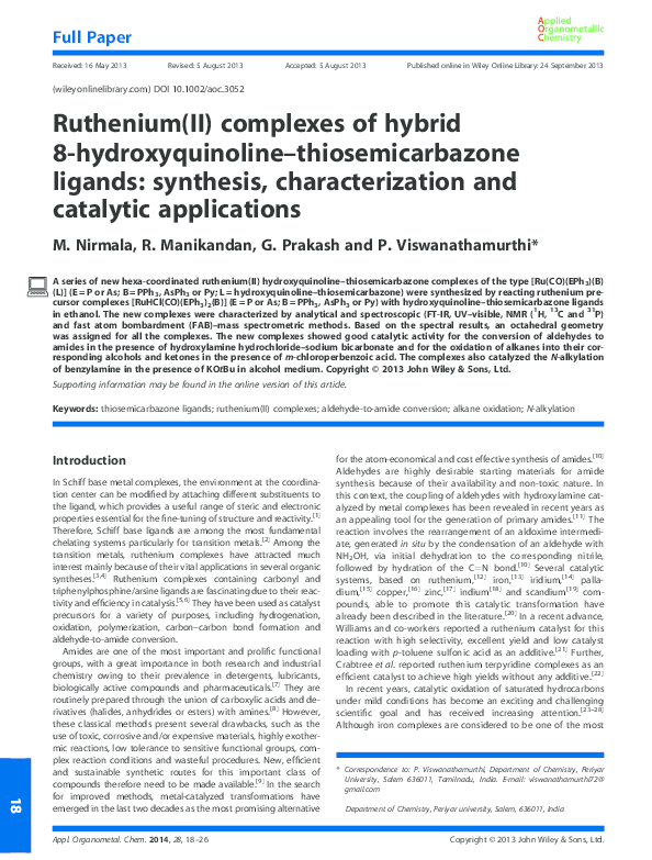 (PDF) Ruthenium(II) complexes of hybrid 8-hydroxyquinoline–thiosemicarbazone ligands: synthesis ...