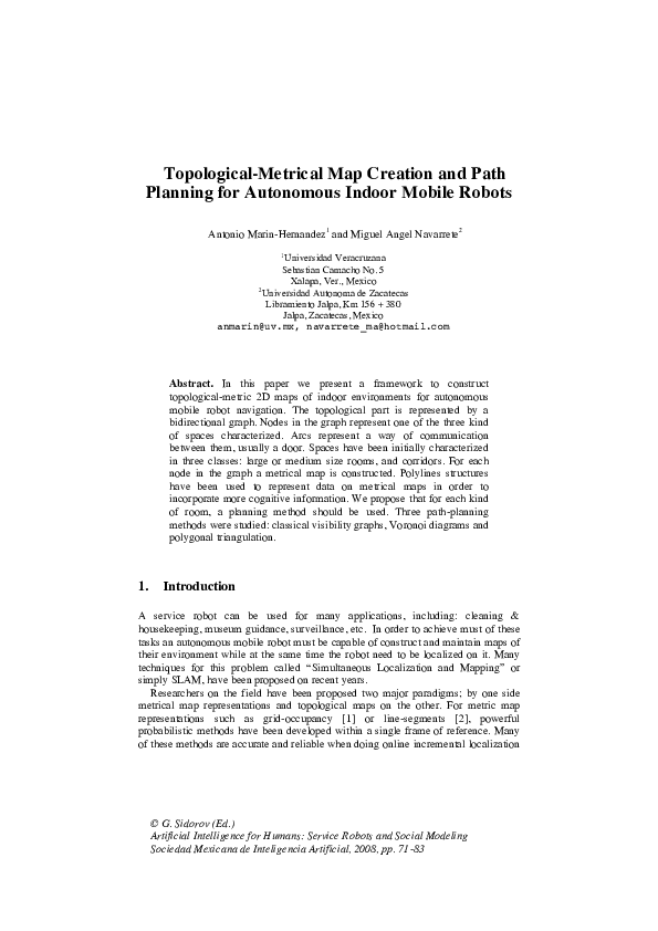 (PDF) Topological-Metrical Map Creation and Path Planning for Autonomous Indoor Mobile Robots