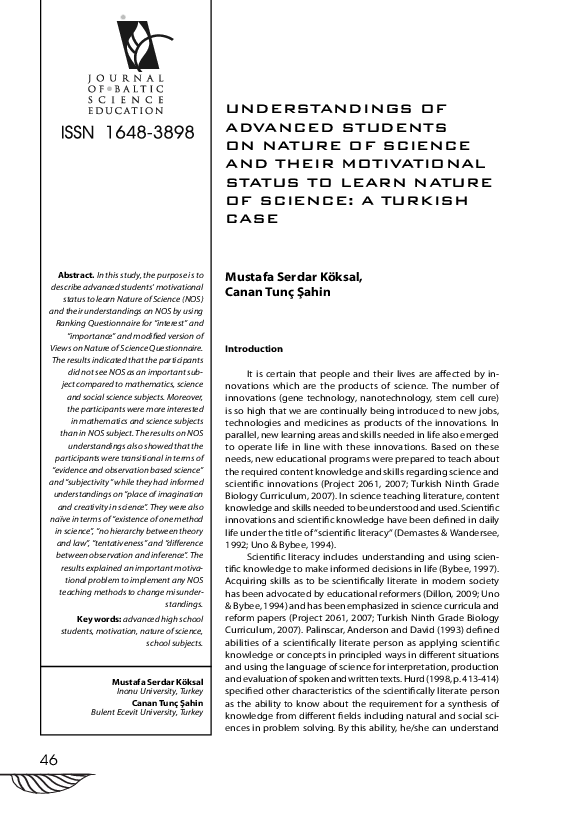 (PDF) UNDERSTANDINGS OF ADVANCED STUDENTS ON NATURE OF SCIENCE AND ...