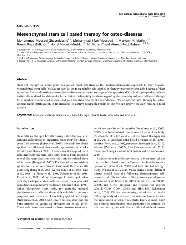 (PDF) Mesenchymal stem cell based therapy for osteo-diseases