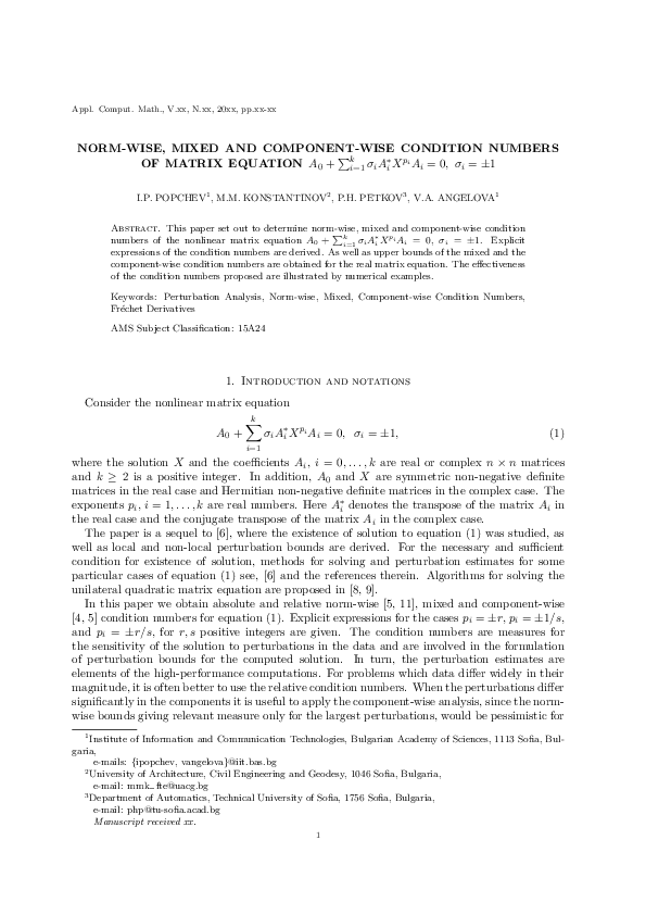 (PDF) NORM-WISE, MIXED AND COMPONENT-WISE CONDITION NUMBERS OF MATRIX EQUATION A_0 + \sum^k_{i=1 ...