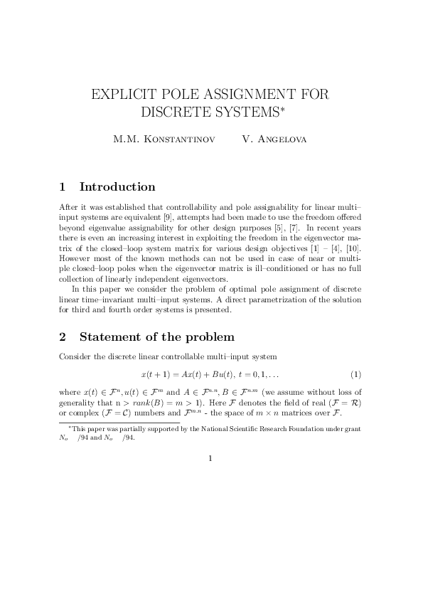 Pdf Explicit Pole Assignment For Discrete Systems