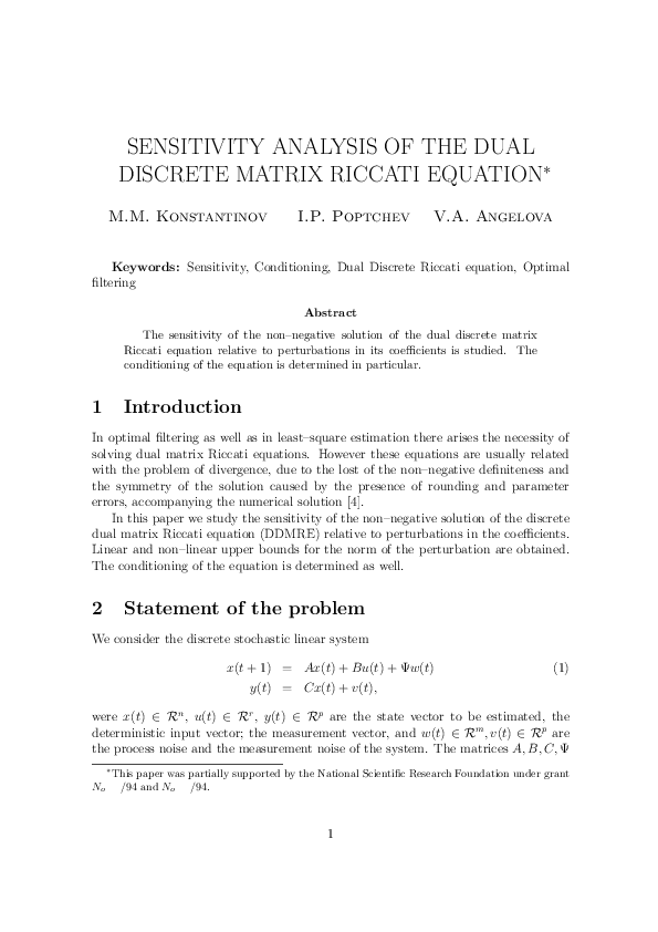 Pdf Sensitivity Analysis Of The Dual Discrete Matrix Riccati Equation