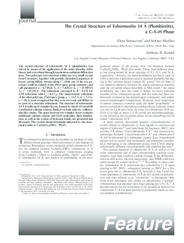 (PDF) The Crystal Structure of Tobermorite 14 A (Plombierite), a CSH Phase