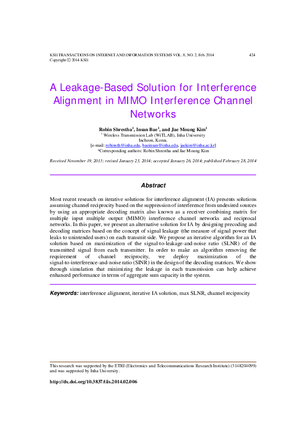 (PDF) A Leakage-Based Solution for Interference Alignment in MIMO Interference Channel Networks