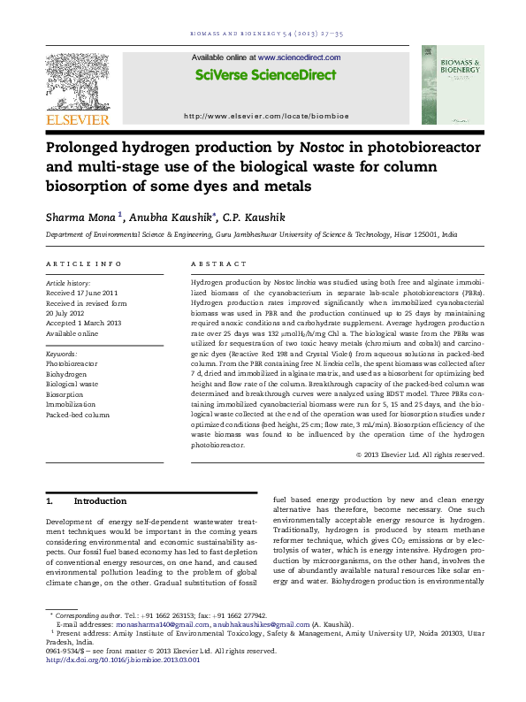 (PDF) Prolonged hydrogen production by Nostoc in photobioreactor and multi-stage use of the ...
