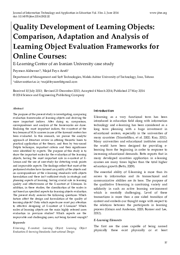 (PDF) Quality Development of Learning Objects: Comparison, Adaptation and Analysis of Learning ...