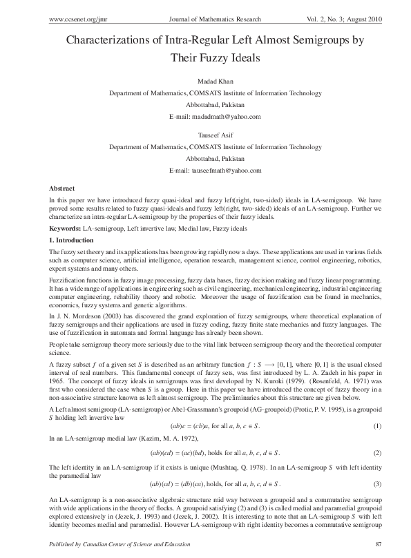 (PDF) Characterization of an intra-regular left almost semigroups by thier fuzzy ideals