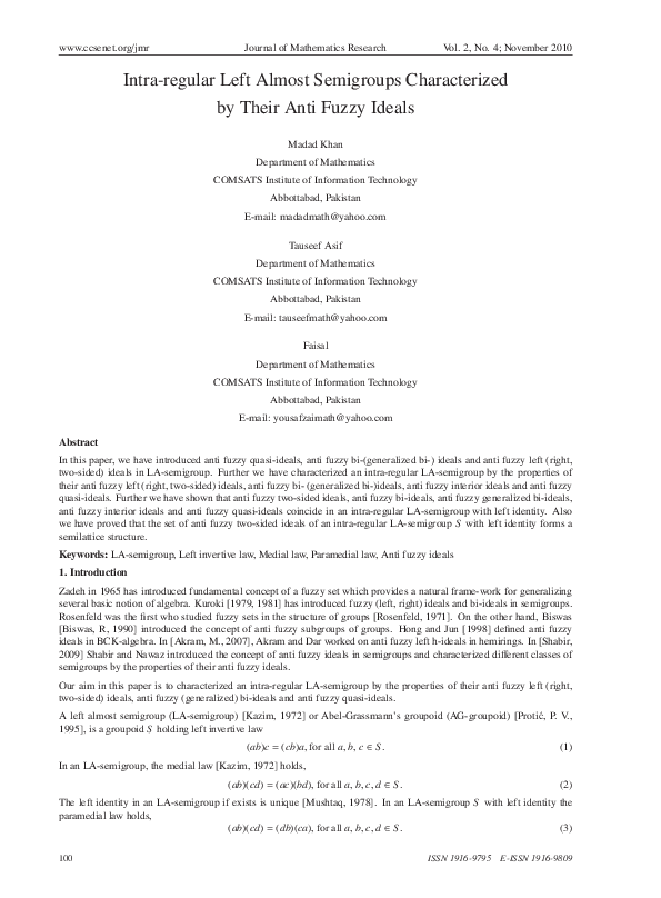 Pdf Intra Regular Left Almost Semigroups Characterized By Their Anti Fuzzy Ideals