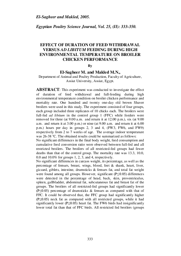 (PDF) EFFECT OF DURATION OF FEED WITHDRAWAL VERSUS AD LIBITUM FEEDING ...