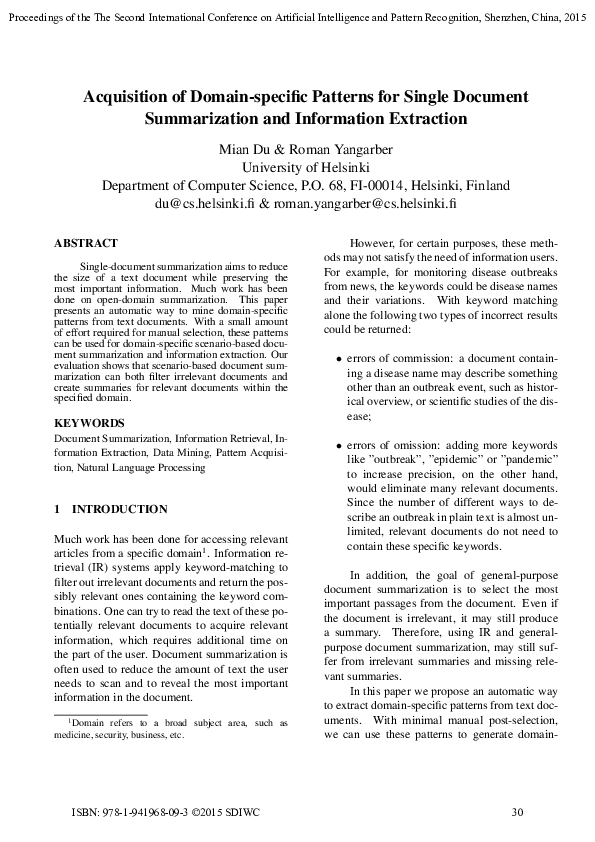 Pdf Acquisition Of Domain Specific Patterns For Single Document Summarization And Information