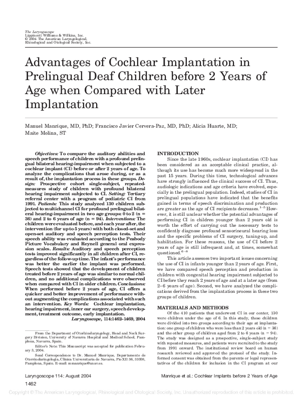 Advantages of cochlear implantation in prelingual deaf children before ...