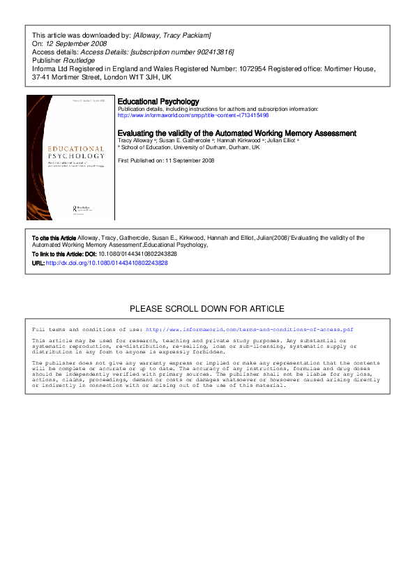 Pdf Evaluating The Validity Of The Automated Working Memory Assessment