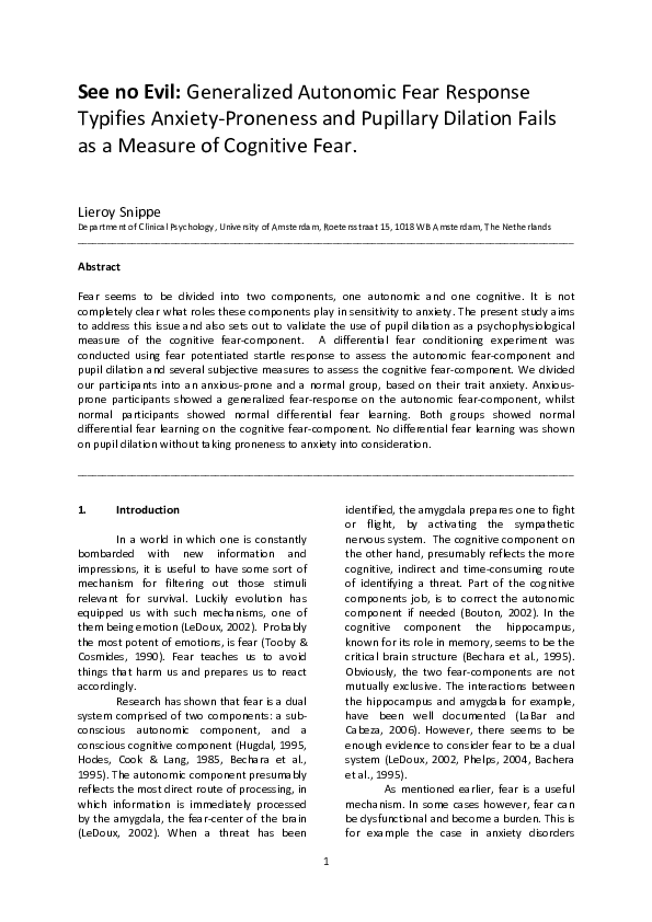(PDF) See no Evil: Generalized Autonomic Fear Response Typifies Anxiety ...