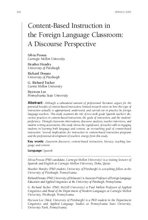 (PDF) Content-Based Instruction in the Foreign Language Classroom: A Discourse Perspective