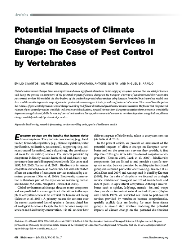 (PDF) Potential impacts of climate change on ecosystem services in ...