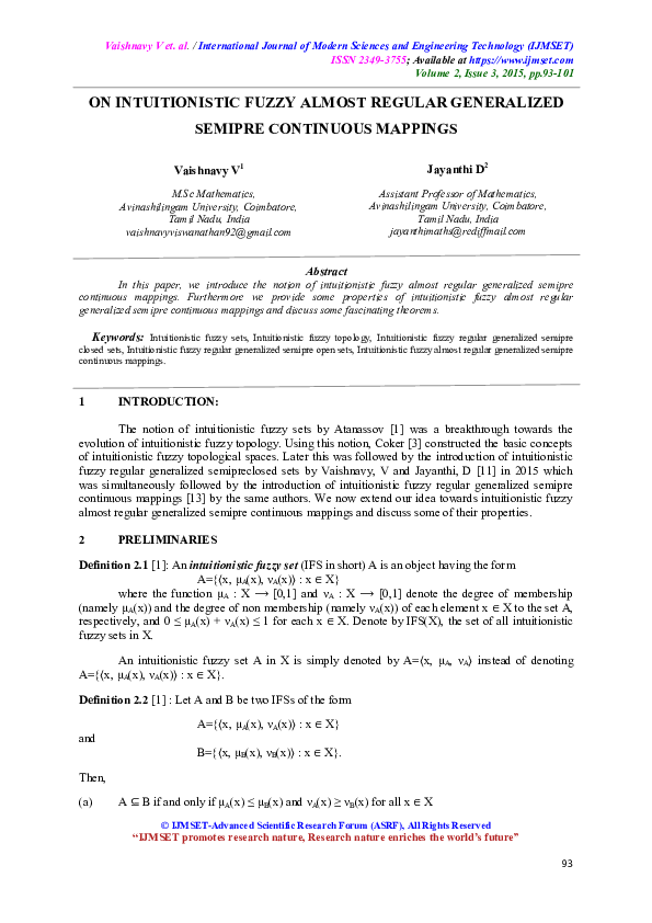 Pdf Vaishnavy V And Jayanthi D On Intuitionistic Fuzzy Almost Regular