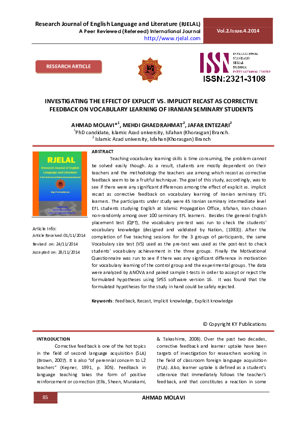 (PDF) INVESTIGATING THE EFFECT OF EXPLICIT VS. IMPLICIT RECAST AS ...