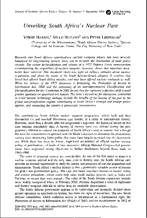 (PDF) Unveiling South Africa's nuclear past (PDF) Unveiling South Africa's nuclear past