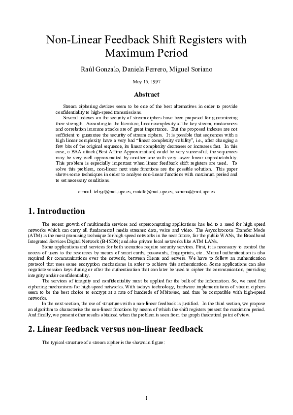 (PDF) Non-Linear Feedback Shift Registers with Maximum Period