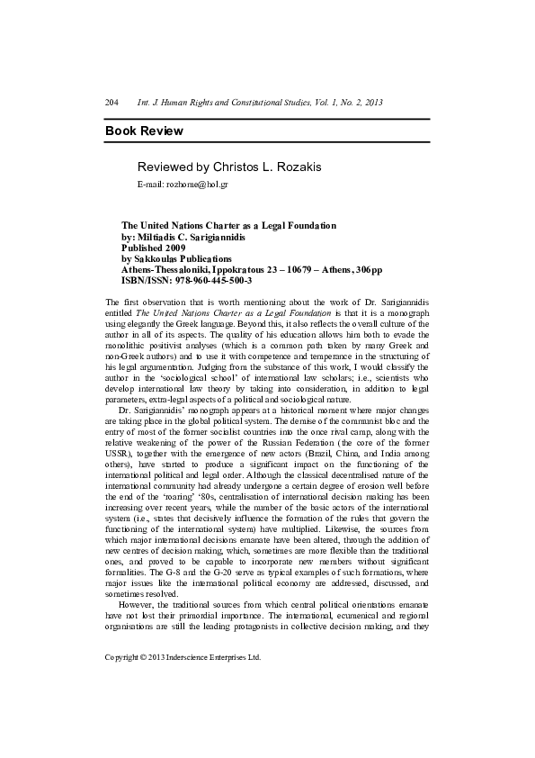 (PDF) Book Review by Christos Rozakis: The UN Charter as a Legal Foundation