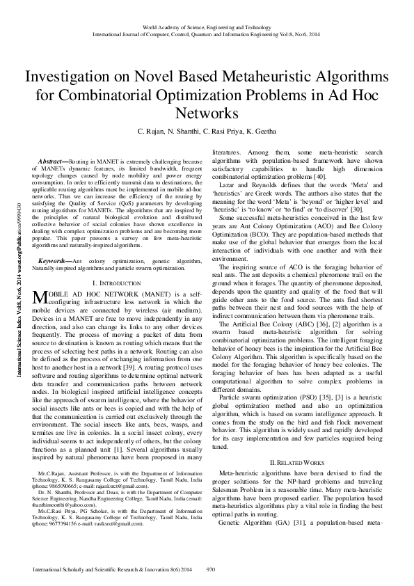 Pdf Investigation On Novel Based Metaheuristic Algorithms For Combinatorial Optimization