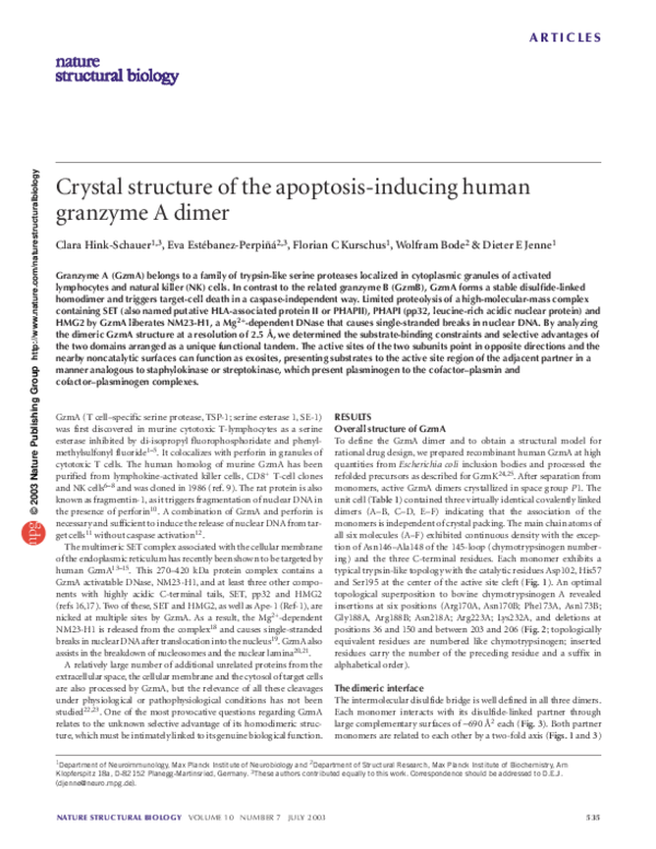 (PDF) Crystal structure of the apoptosis-inducing human granzyme A dimer