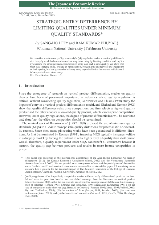 (PDF) STRATEGIC ENTRY DETERRENCE BY LIMITING QUALITIES UNDER MINIMUM ...