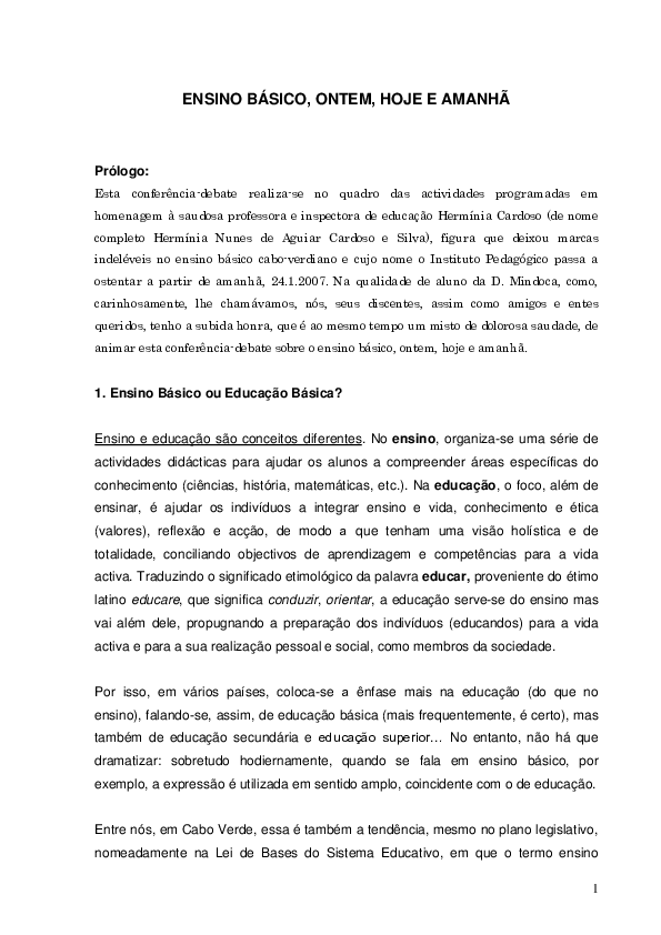 (PDF) Ensino Básico: ontem, hoje e amanhã
