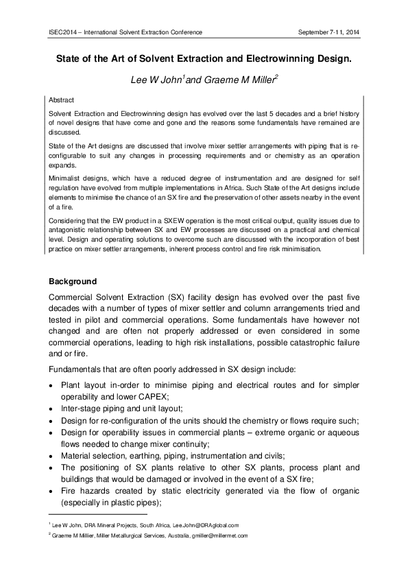 (PDF) State of the Art of Solvent Extraction and Electrowinning Design