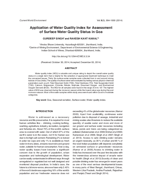Pdf Application Of Water Quality Index For Assessment Of Surface Water Quality Status In Goa