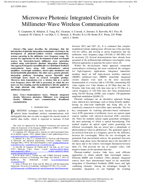 (PDF) Microwave Photonic Integrated Circuits for Millimeter-Wave Wireless Communications