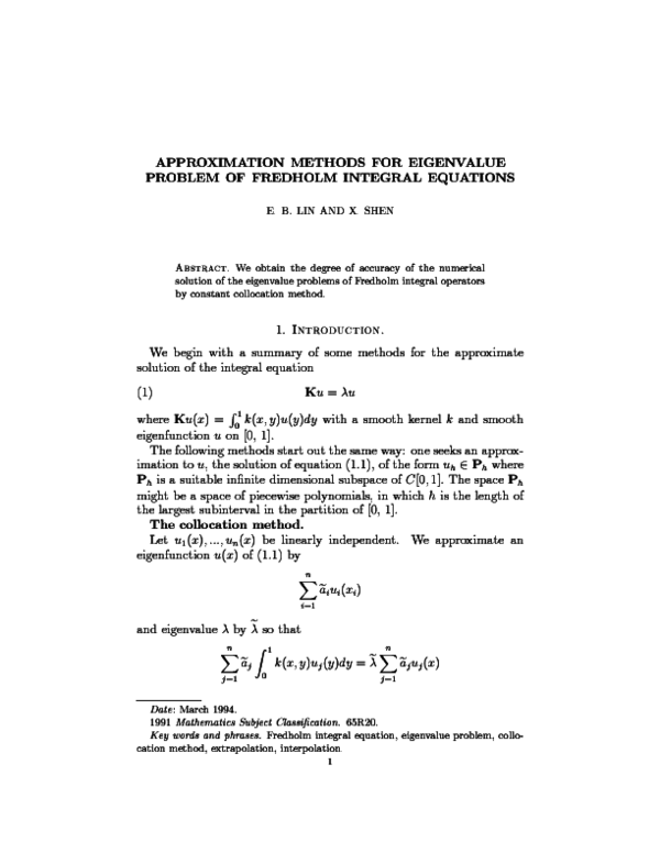 (PDF) Approximation methods for eigenvalue problem of Fredholm integral equations