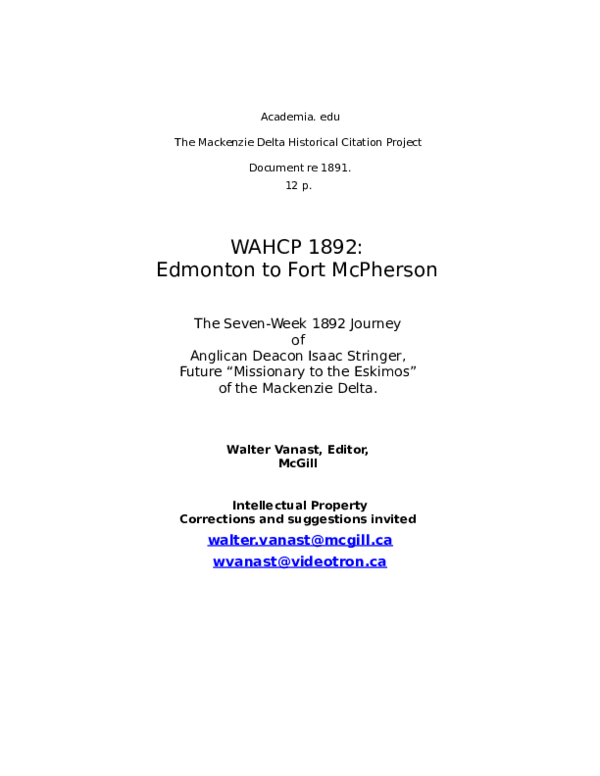(DOC) Stringer diary. Edmonton to Fort McPherson, June-July 1892. Rev ...