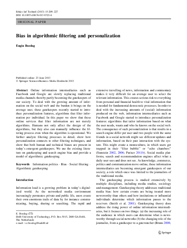 (PDF) Bias in algorithmic filtering and personalization