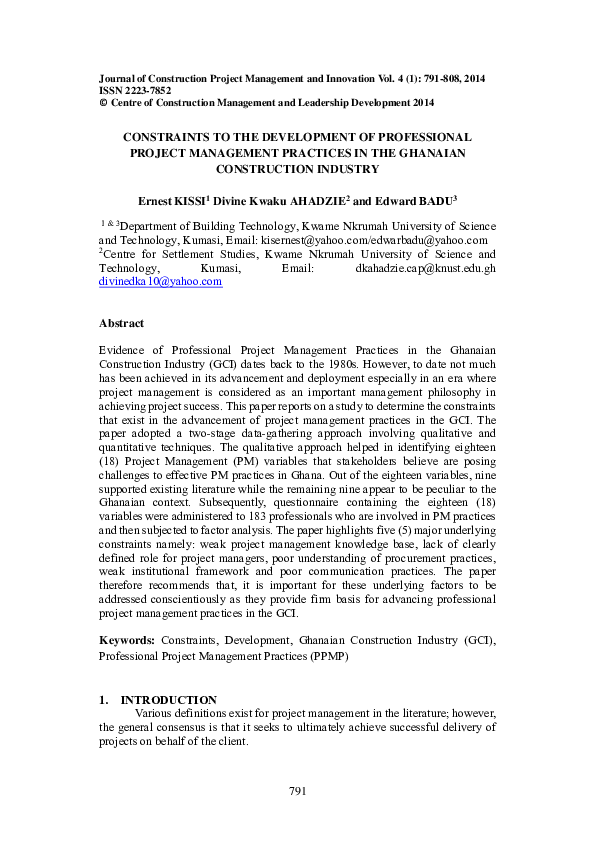 (PDF) CONSTRAINTS TO THE DEVELOPMENT OF PROFESSIONAL PROJECT MANAGEMENT ...