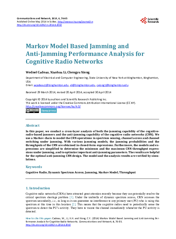(PDF) Markov Model Based Jamming and Anti-Jamming Performance Analysis for Cognitive Radio Networks