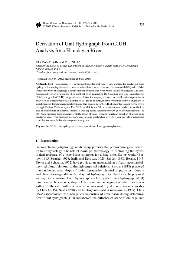 (PDF) Derivation of Unit Hydrograph from GIUH Analysis for a Himalayan ...