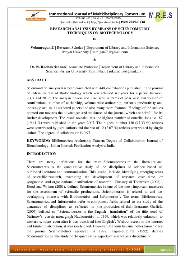 (PDF) RESEARCH ANALYSIS BY MEANS OF SCIENTOMETRIC TECHNIQUES ON ...